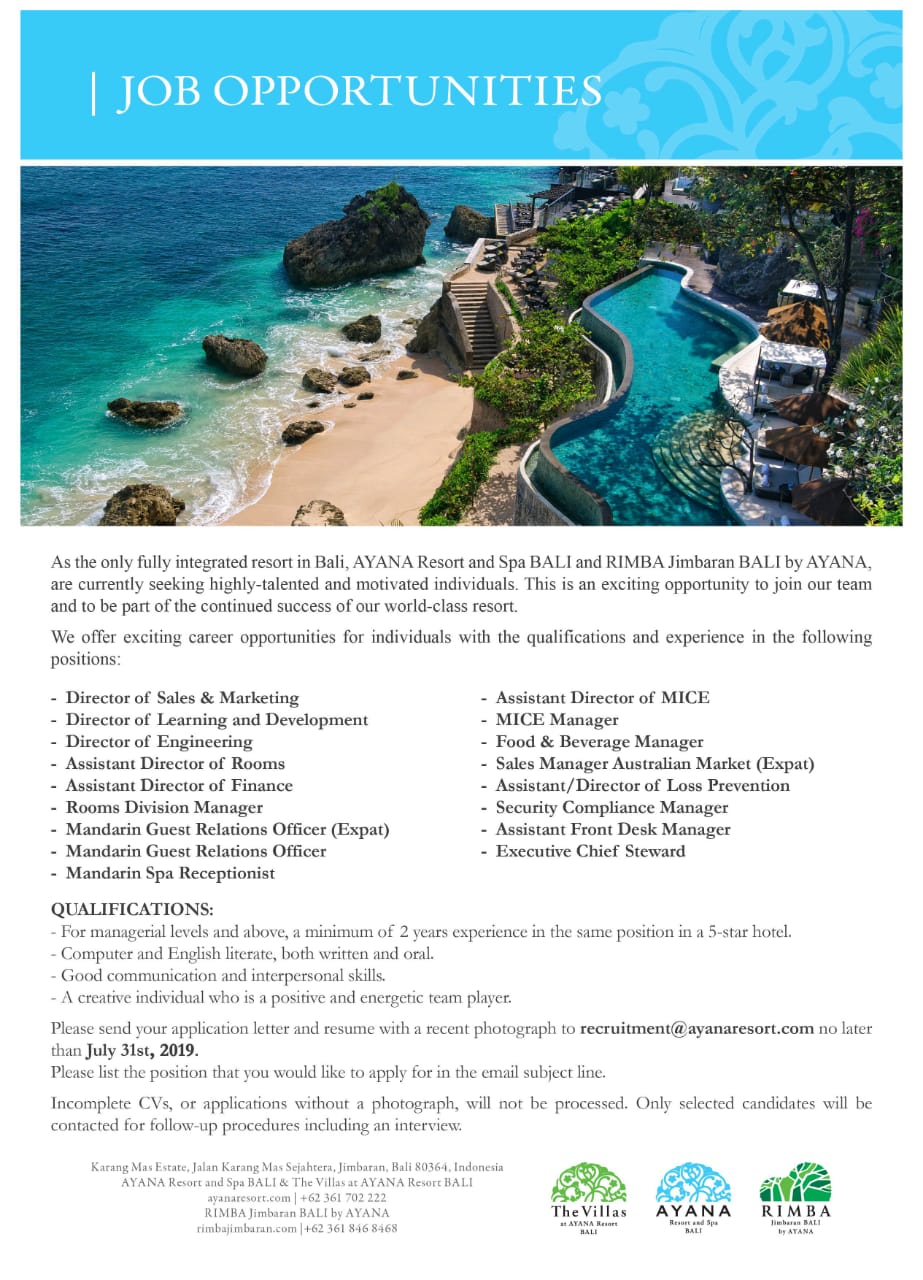 AYANA Resort and Spa Bali and RIMBA Jimbaran - HHRMA Hotel Job Vacancy ...