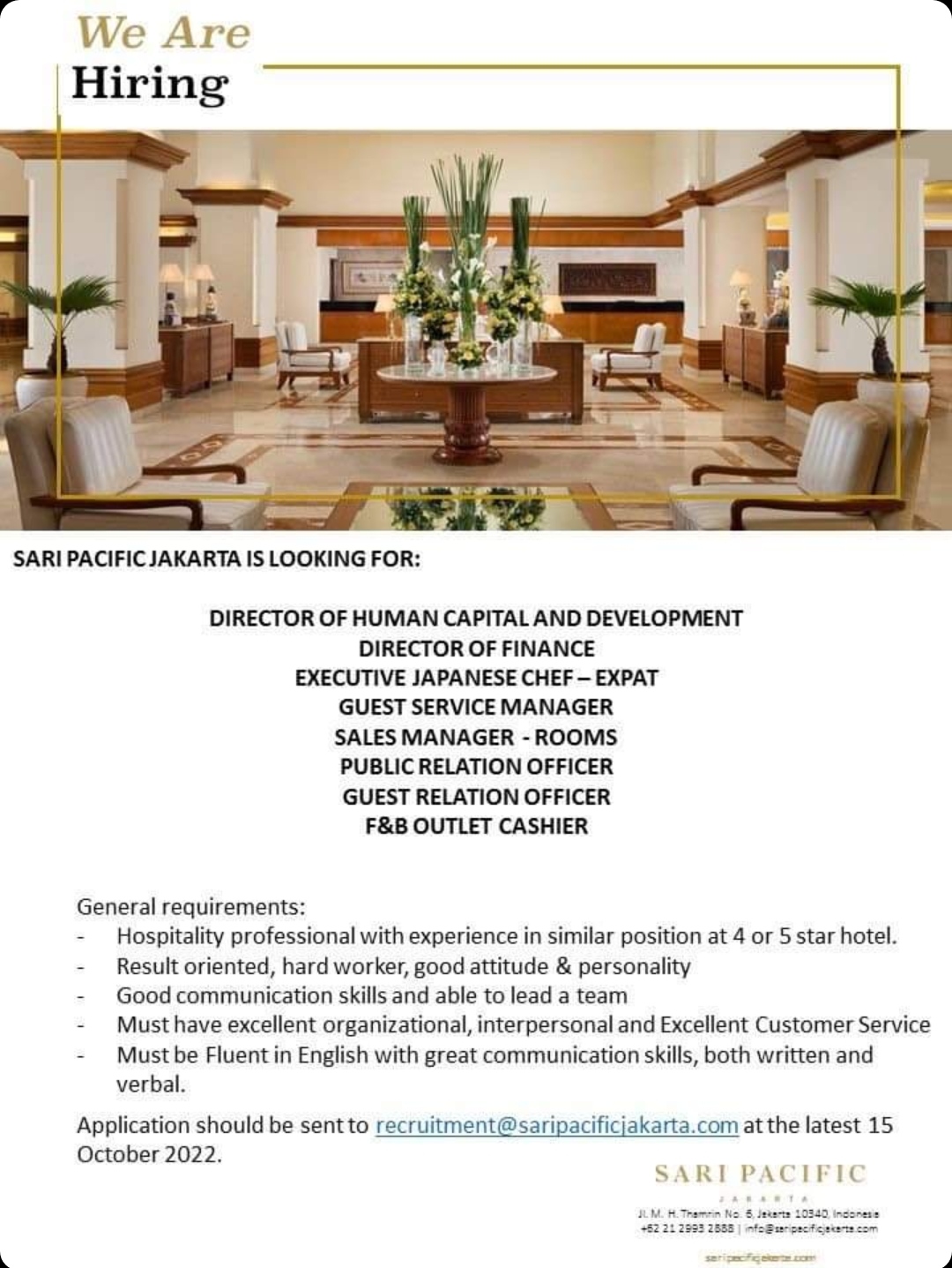 Sari Pacific Jakarta - HHRMA Hotel Job Vacancy Indonesia
